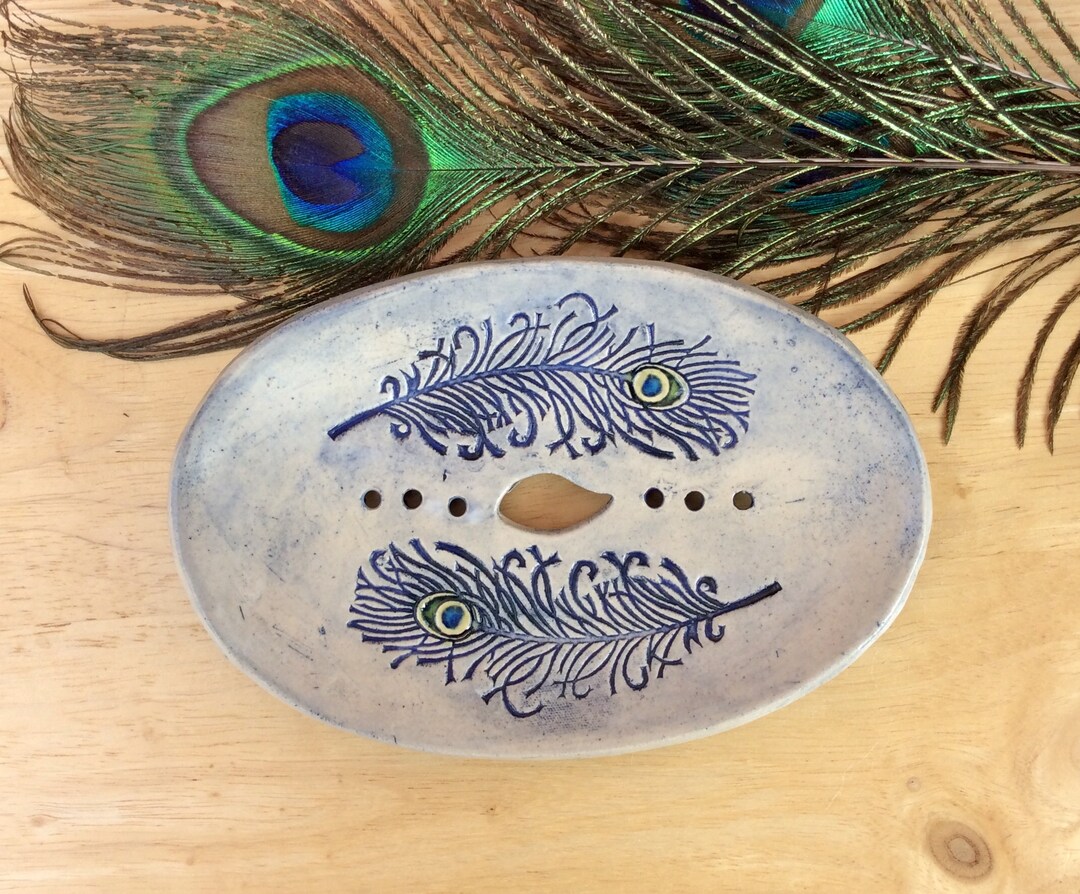 Blue Soap Dish Peacock Feathers - Green Bathroom Accessory - Stoneware ...