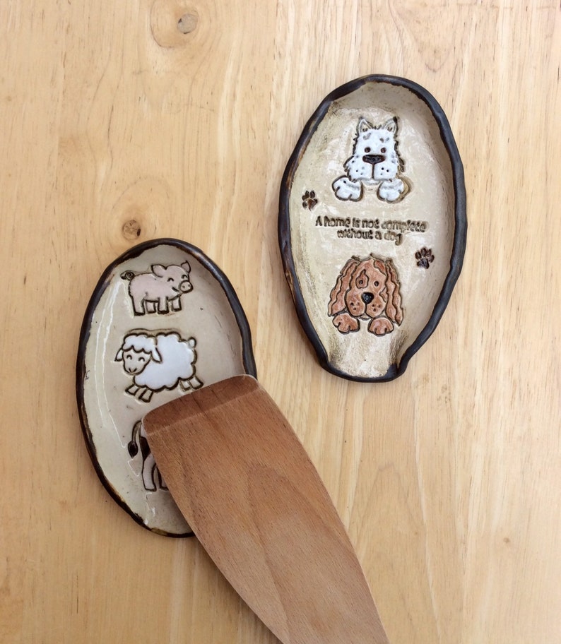 Oval Spoon Rest With Dogs or Farm Animals Handmade Stoneware | Etsy