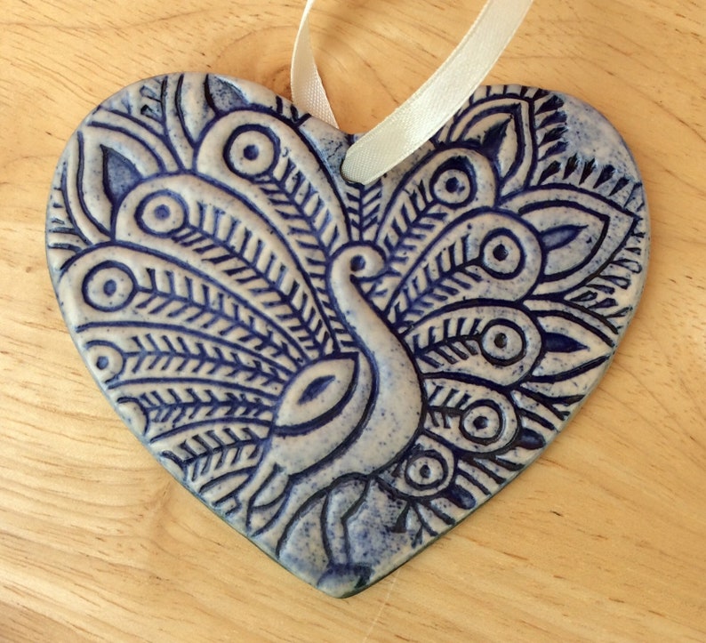 Peacock Heart Ornament Blue or Green Hanging Heart With - Etsy