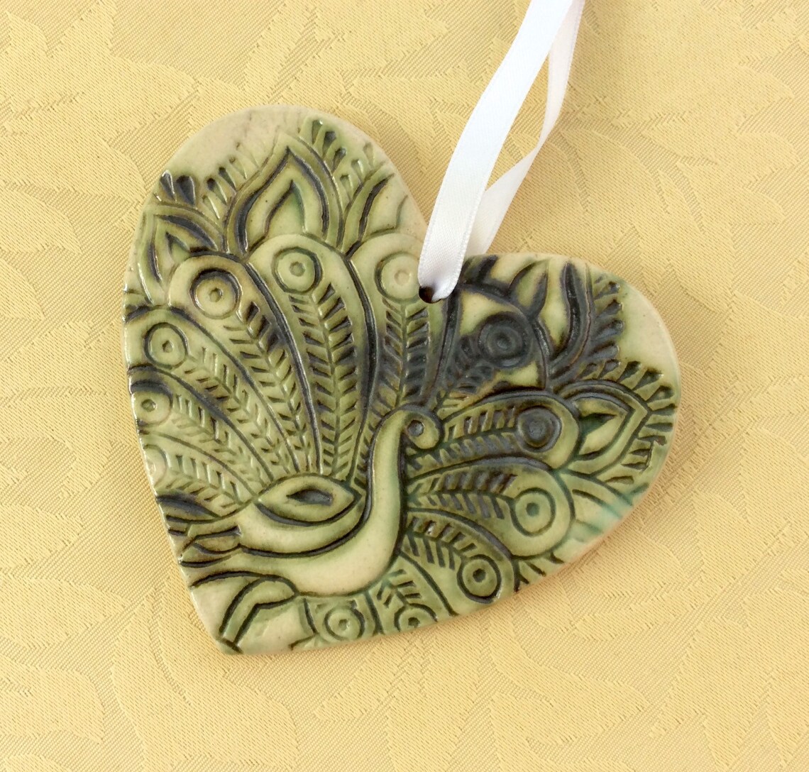 Peacock Heart Ornament Blue or Green Hanging Heart With - Etsy