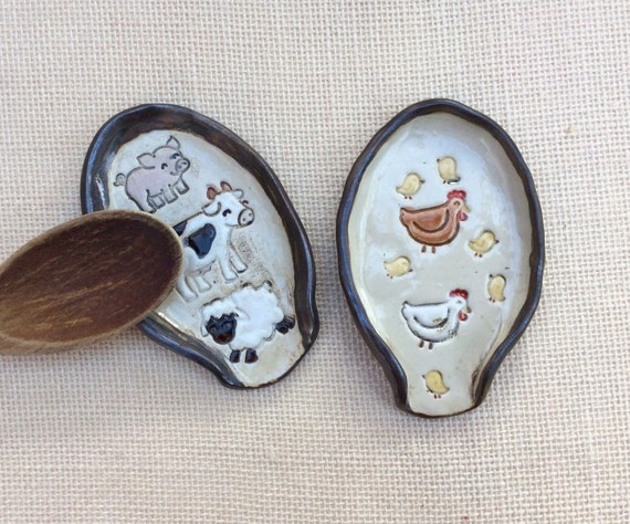 Oval spoon rest with dogs or farm animals handmade stoneware | Etsy