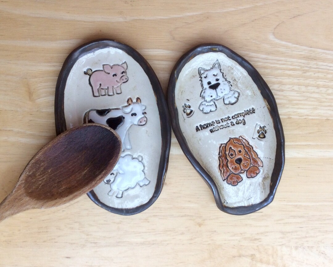 Oval Spoon Rest With Dogs or Farm Animals, Handmade Stoneware Spoon ...