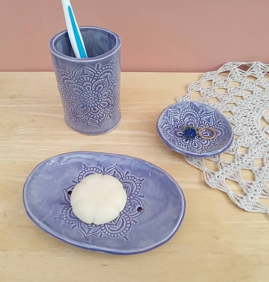 Mandala Soap Dish and Toothbrush Pot Set Aqua or Purple - Etsy UK