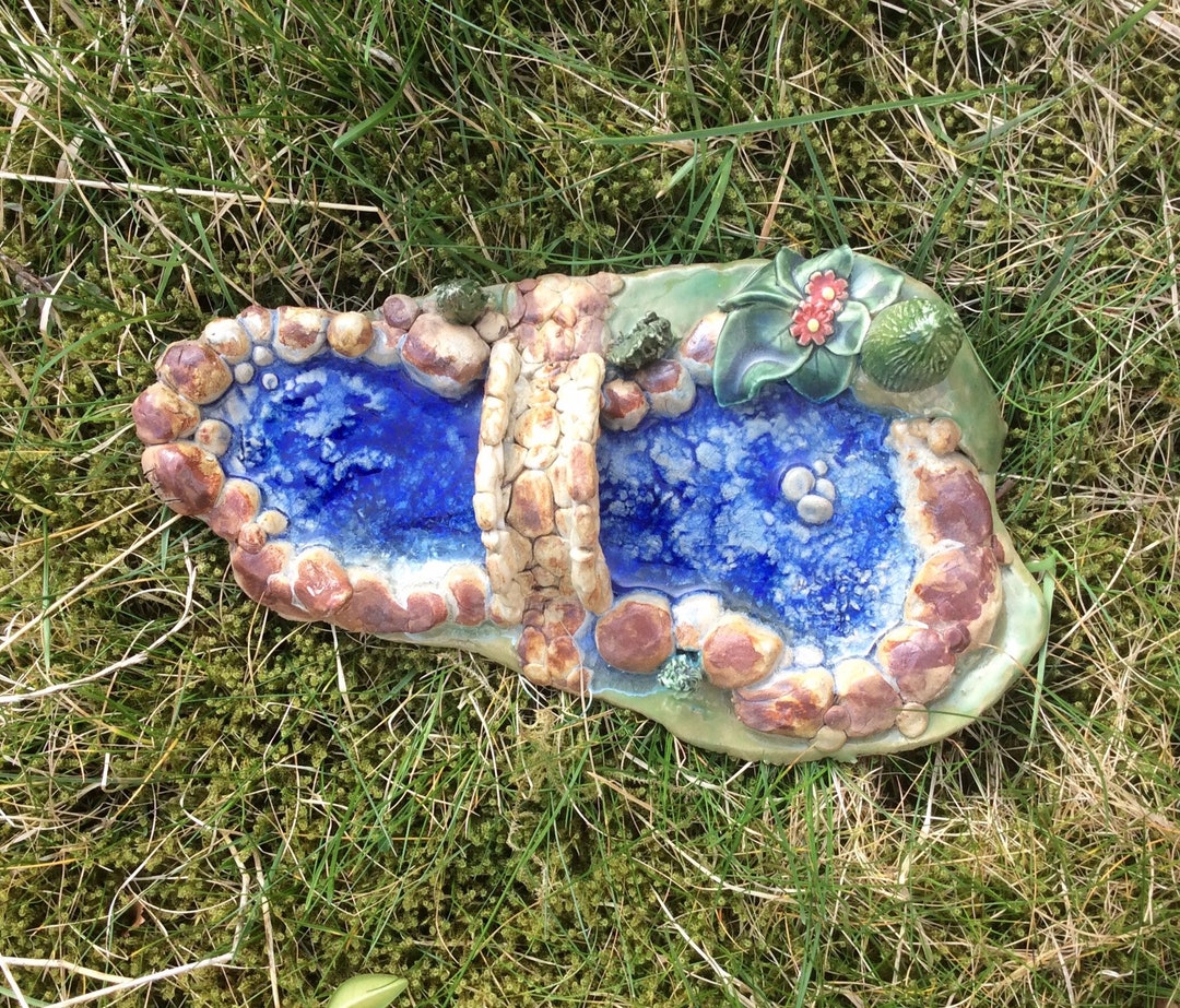 Ceramic Pond With Bridge - Terrarium Ornament - Handbuilt Stoneware Art ...