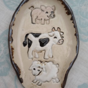 Oval Spoon Rest With Dogs or Farm Animals, Handmade Stoneware Spoon ...