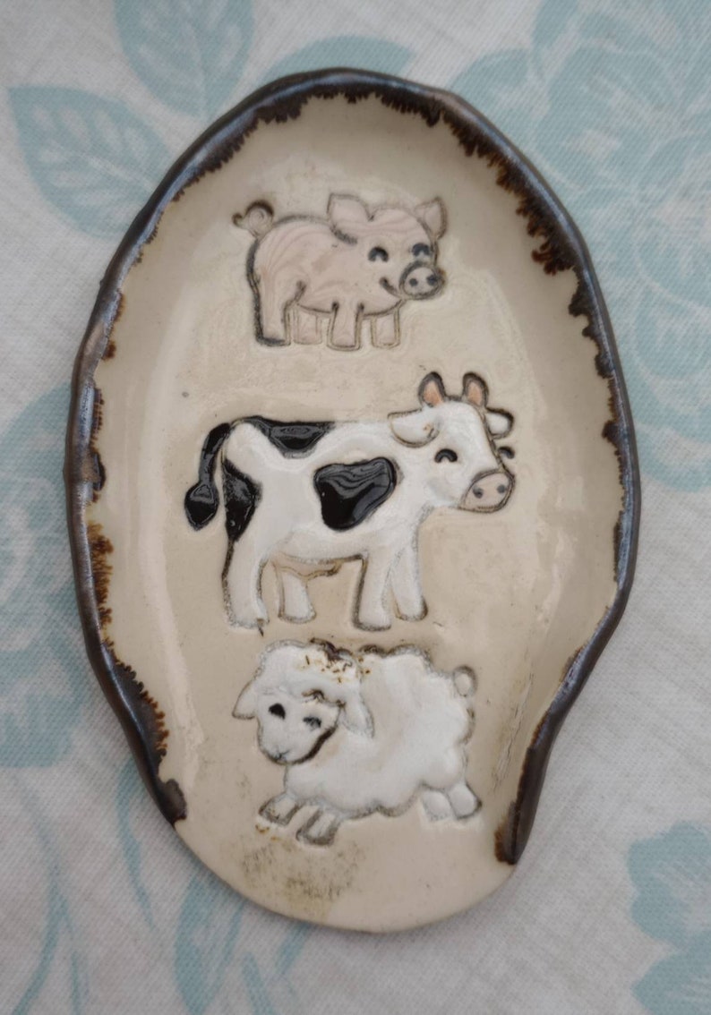 Oval Spoon Rest With Dogs or Farm Animals Handmade Stoneware - Etsy
