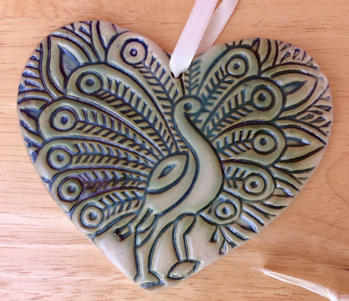 Peacock Heart Ornament Blue or Green Hanging Heart With - Etsy