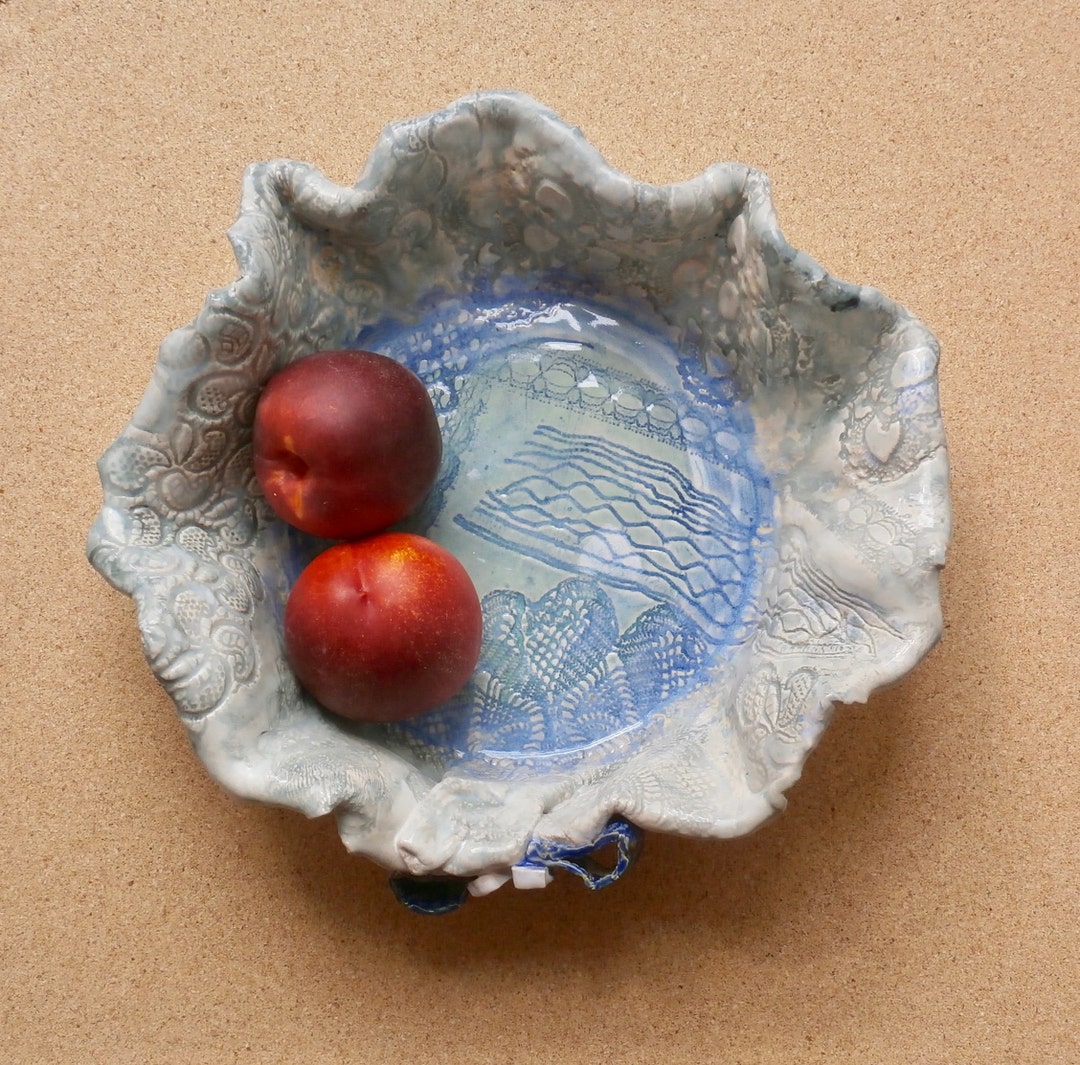 Blue Lace Pottery Bowl: Handmade Stoneware Serving Dish - Etsy