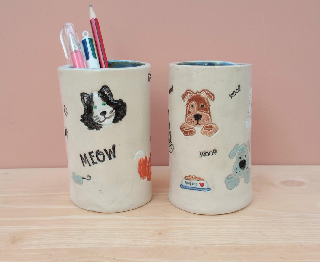 Ceramic Pen Pot With Cats or Dogs, Stoneware Brush Holder, Desk ...