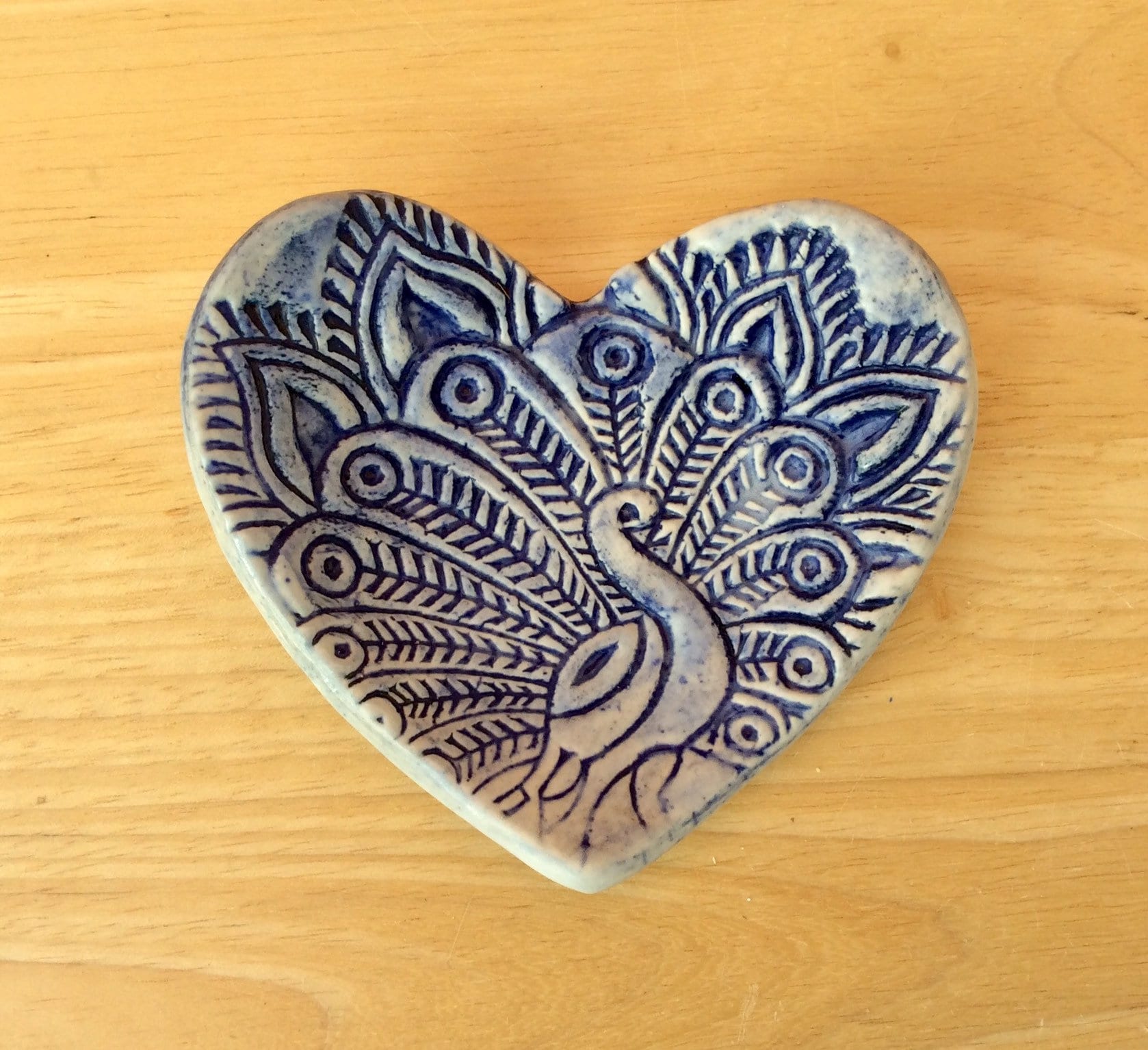 Blue Peacock Ring Holder - Ceramic Heart Trinket Dish - Handmade ...