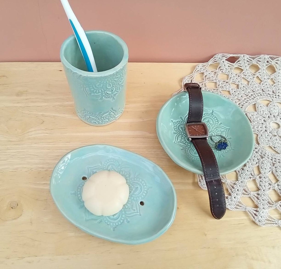 Mandala Soap Dish and Toothbrush Pot Set, Aqua or Purple Bathroom ...