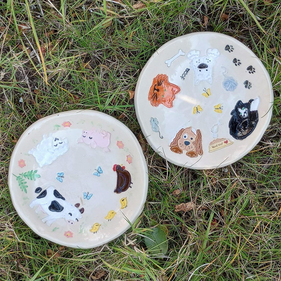 Ceramic Dish With Cats and Dogs or Farm Animals, Handmade Trinket Dish ...