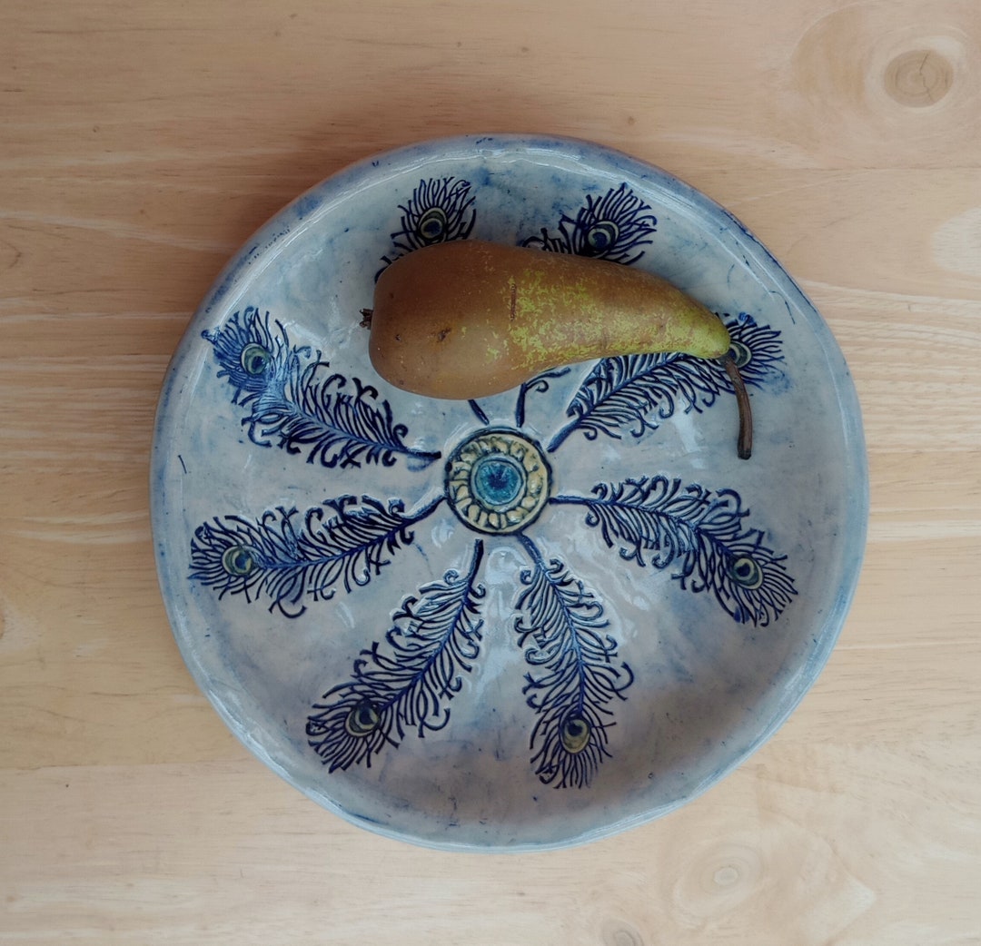 Peacock Feather Platter, Blue Feathers Tray, Pottery Tray, Handmade ...