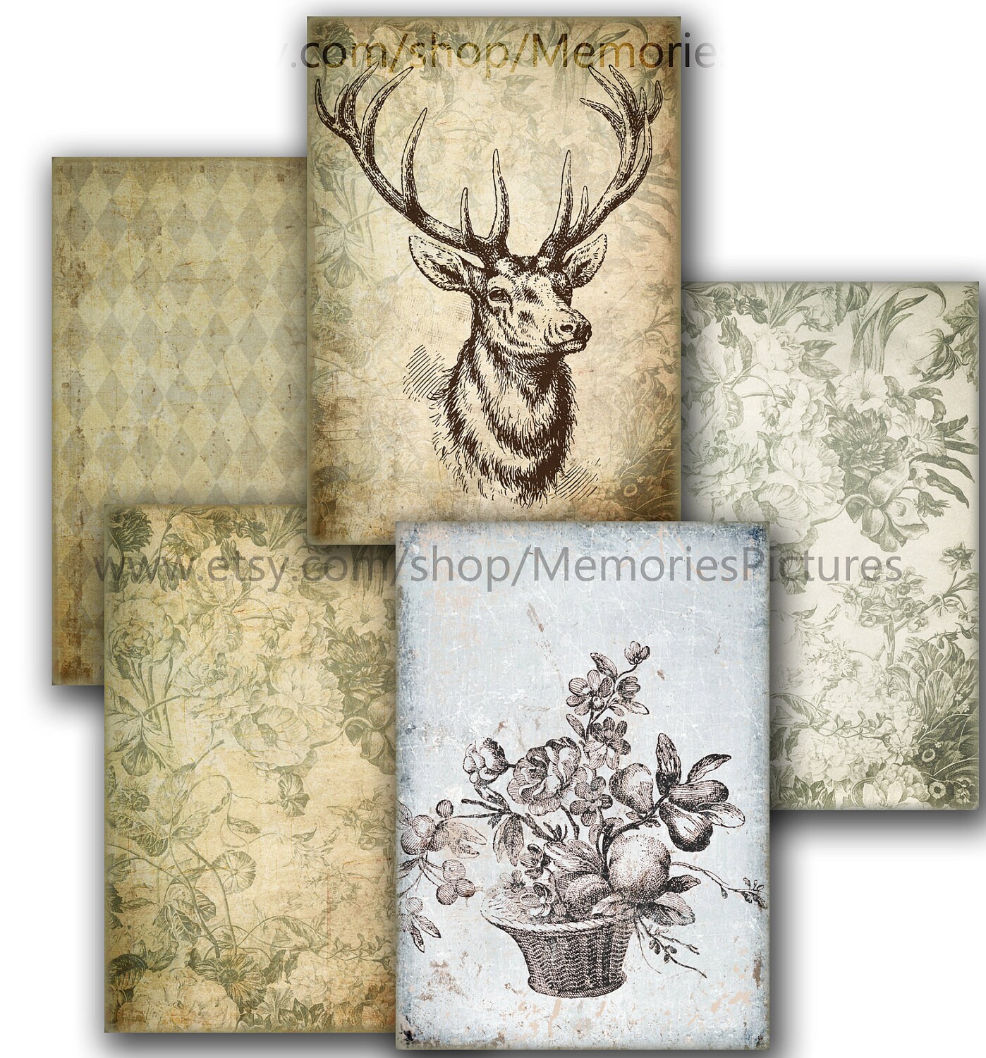Backgrounds Vintage Wallpaper Floral deer Chic Old Paper - Etsy