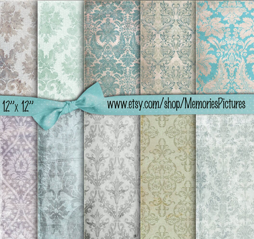 Green Gray Blue Vintage Digital Papers Pack 12x12 Damask - Etsy