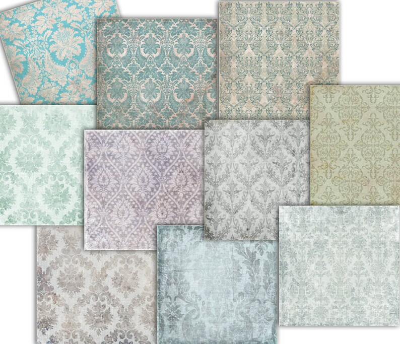 Green Gray Blue Vintage Digital Papers Pack 12x12 Damask - Etsy