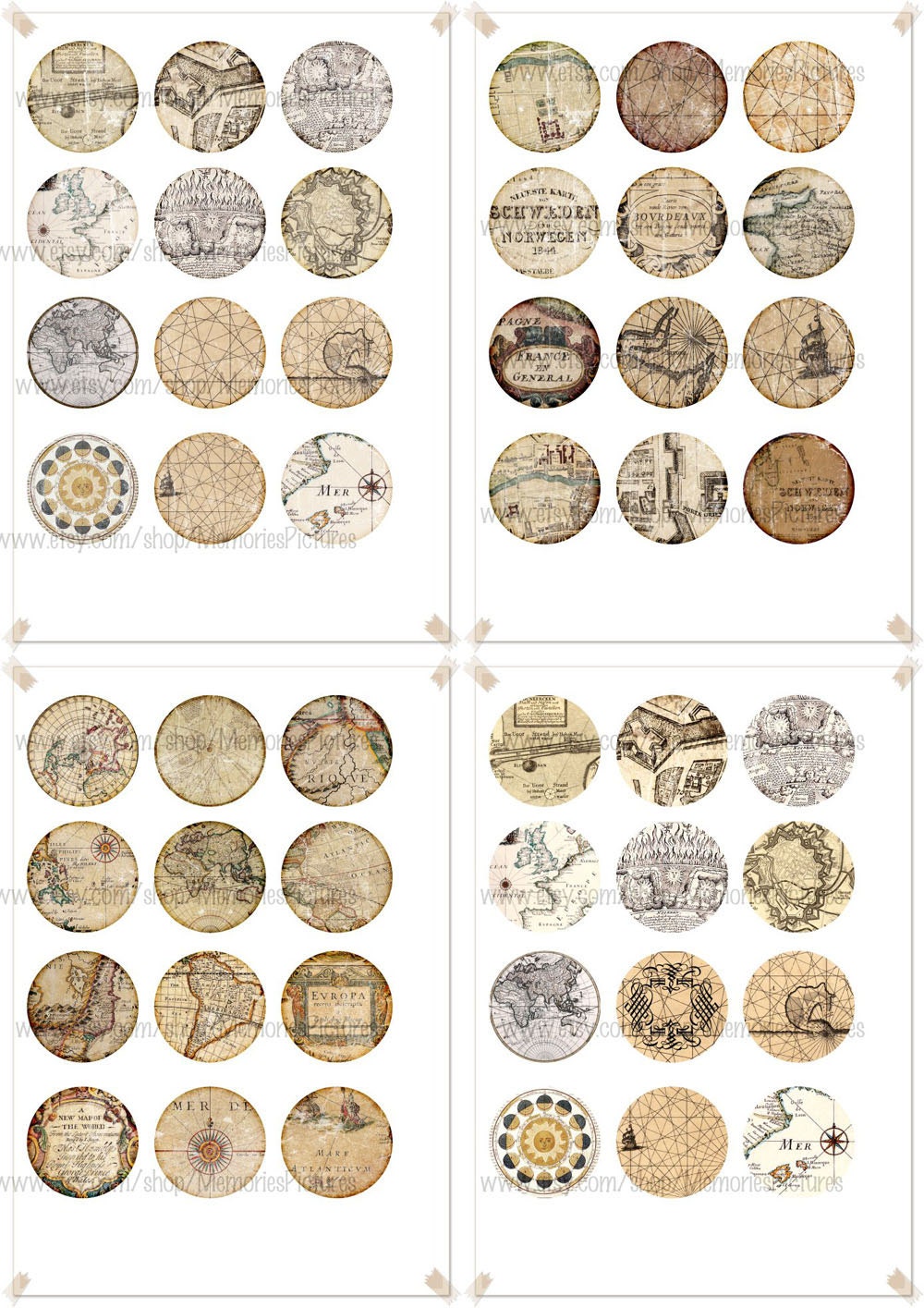 Old World Maps Circles Digital Collage Sheet Download for - Etsy