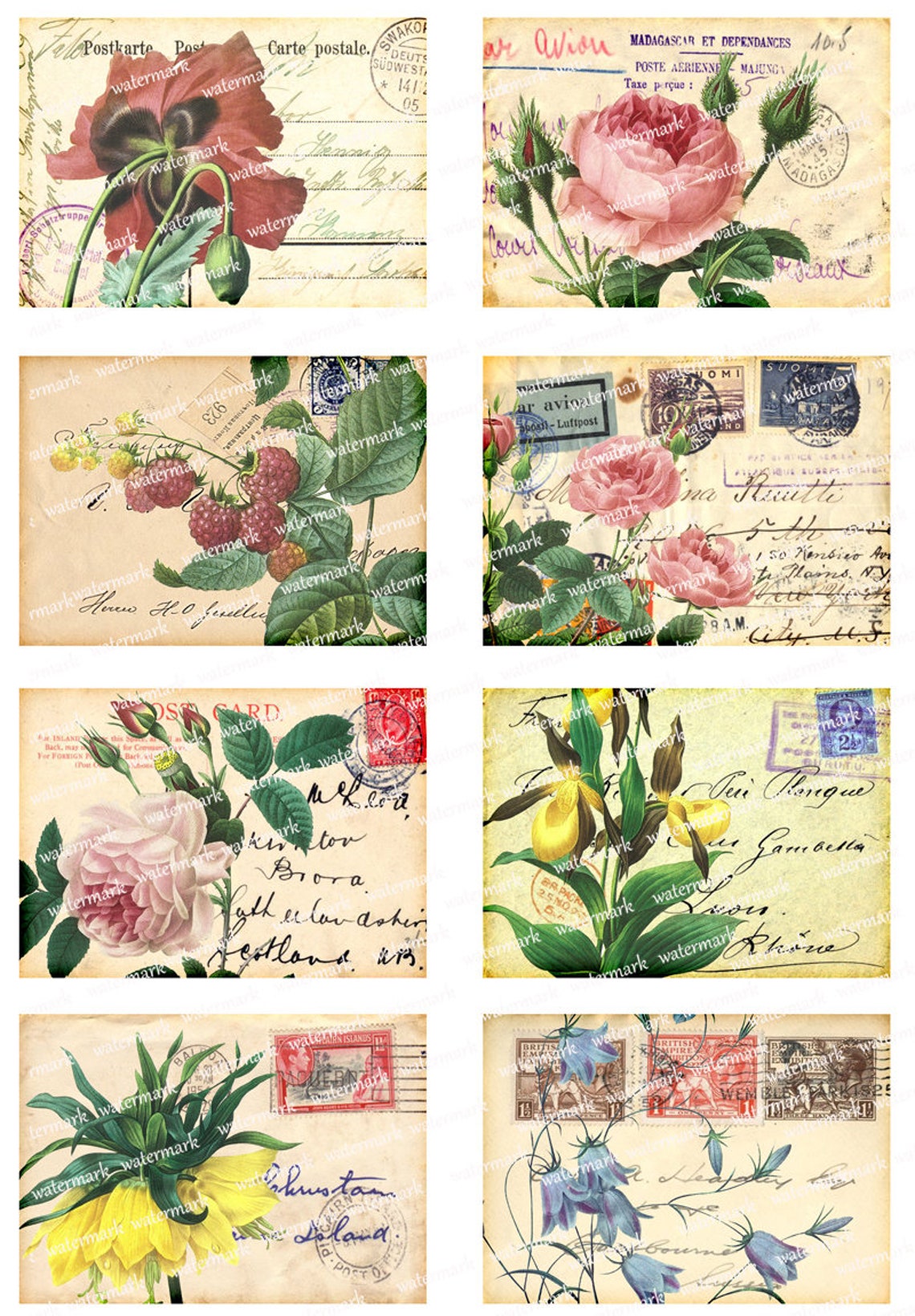 Vintage Flowers POST CARDS, Botanical Plants French Script - Gift Tags ...