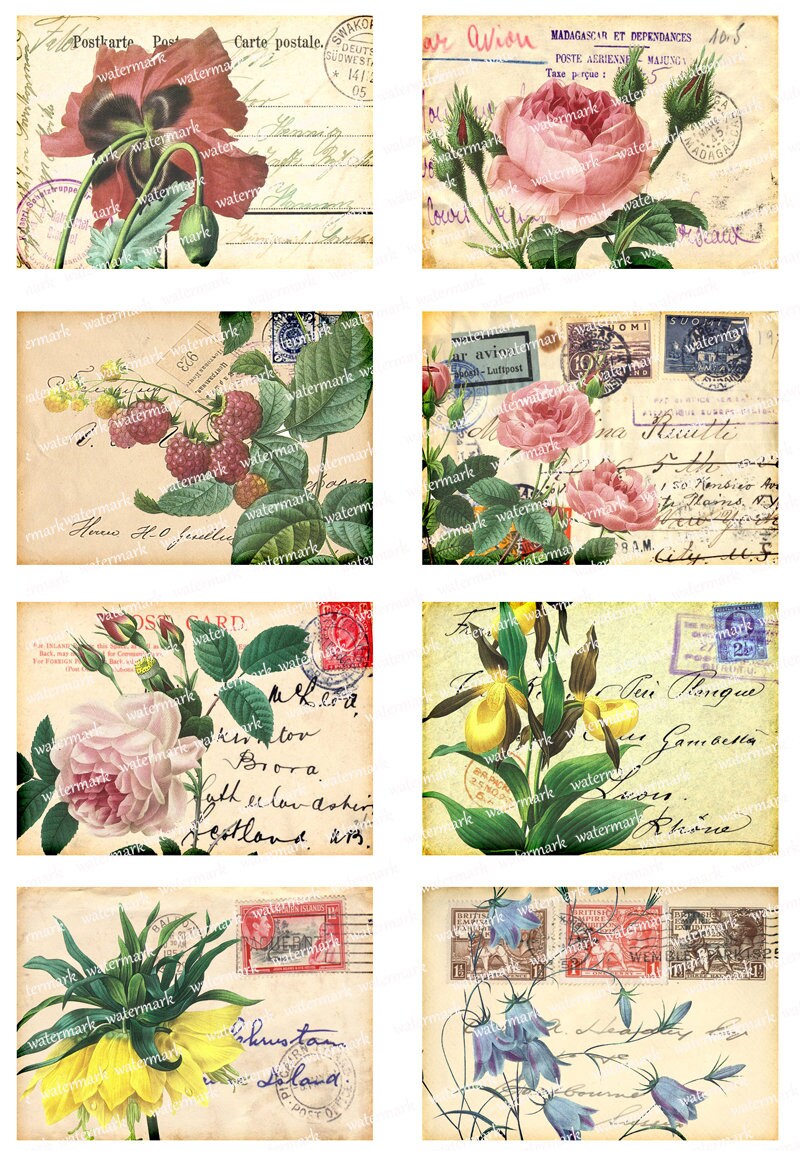 Vintage Flowers POST CARDS, Botanical Plants French Script - Gift Tags ...