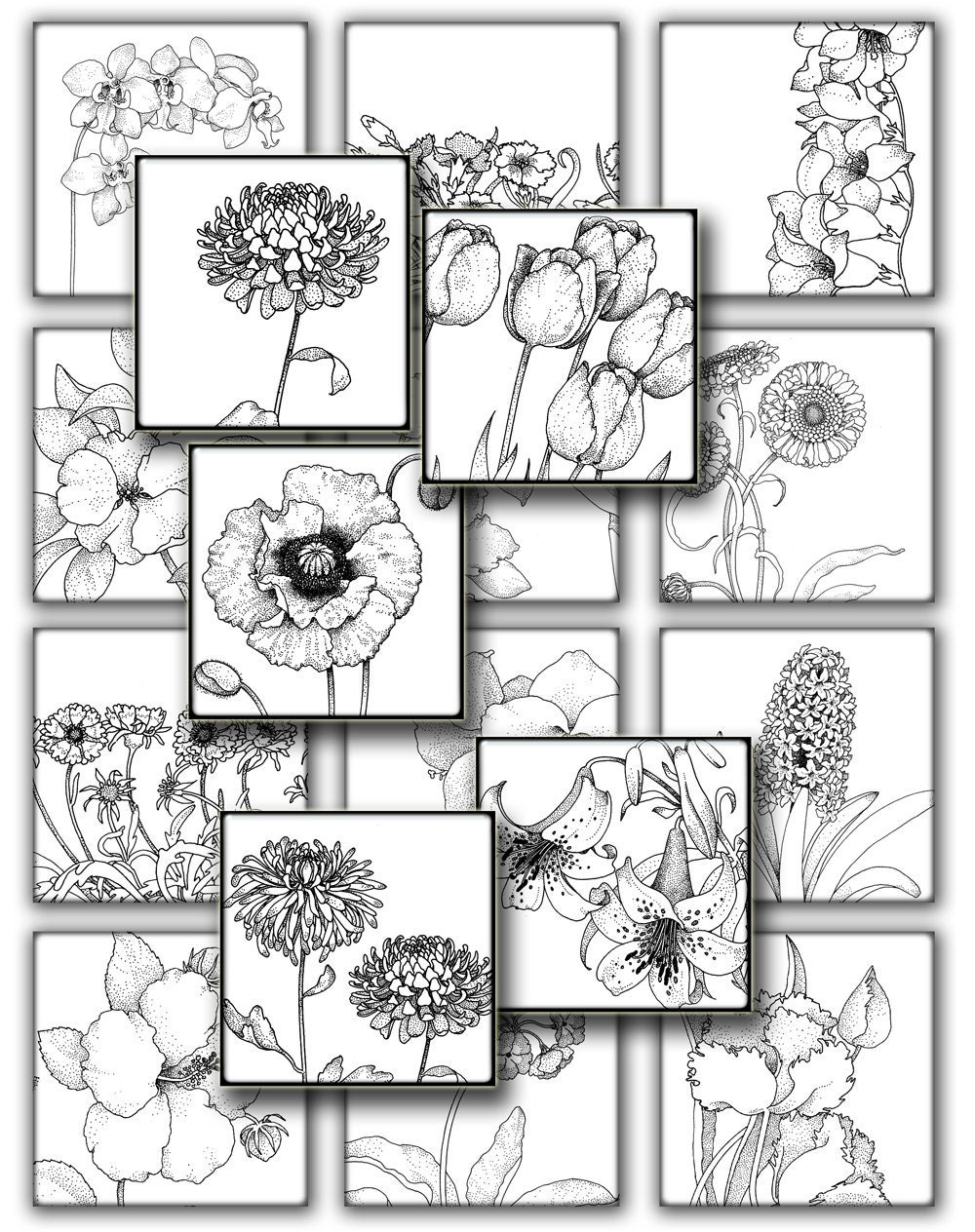 Vintage Botanical Flowers for Resin Pendant 1 in Squares Black White ...