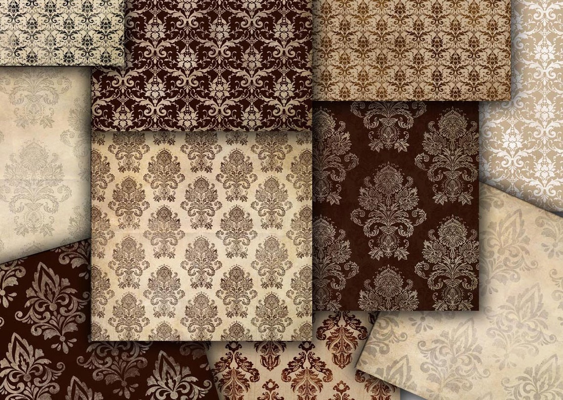 Brown Gold Damask Wallpaper Digital Papers 12 X 12 Sheets, Decoupage ...