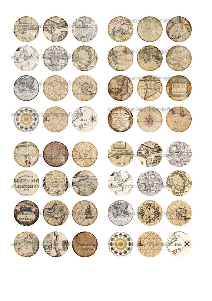Old World Maps Circles Digital Collage Sheet Download for - Etsy