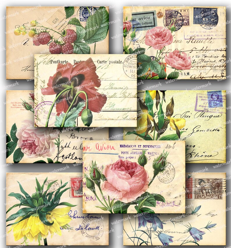 Vintage Flowers POST CARDS, Botanical Plants French Script - Gift Tags ...