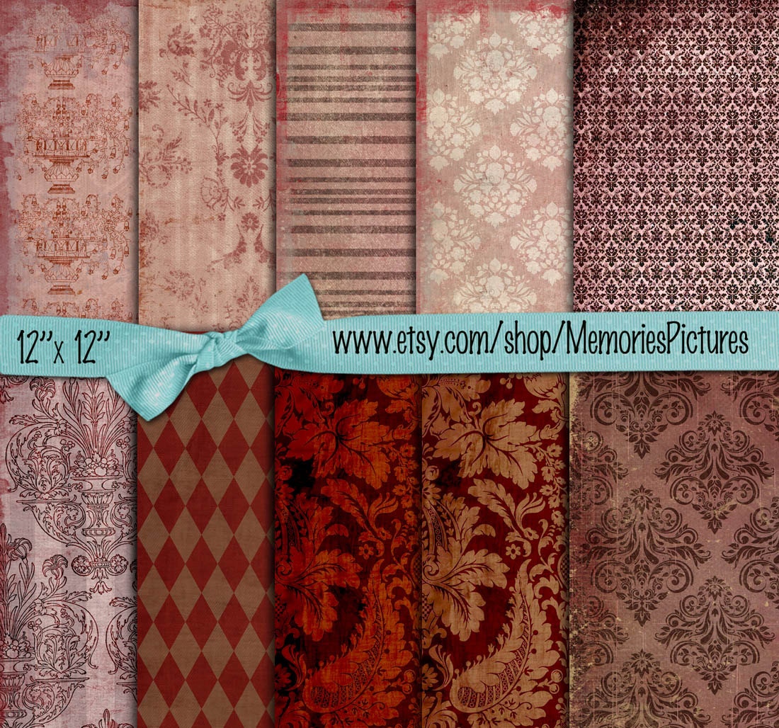 INSTANT DOWNLOAD. Red Vintage Digital Papers 12 X 12 Sheets Damask ...