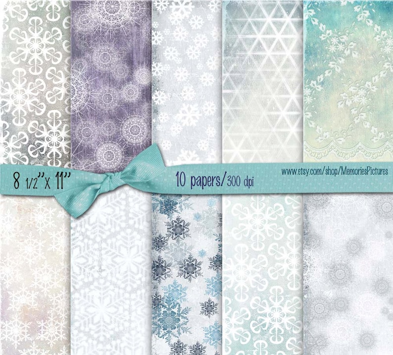 Digital Christmas Papers // Snowflakes, Snow // Light Blue, Green ...