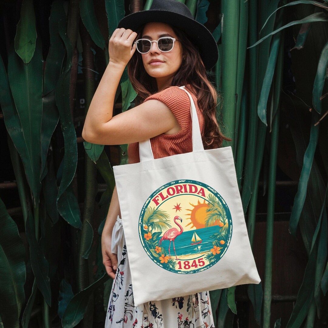 Florida Tote Bag, Vintage Sunshine Beach Bag, Retro Cotton, Summer ...