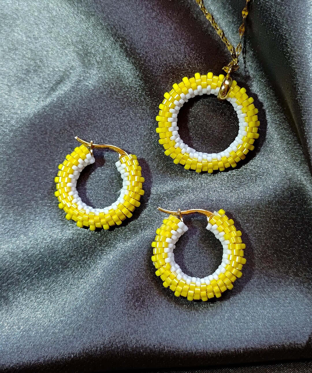 Yellow White Beaded Circle Jewelry Set | Statement Kongo Earrings ...