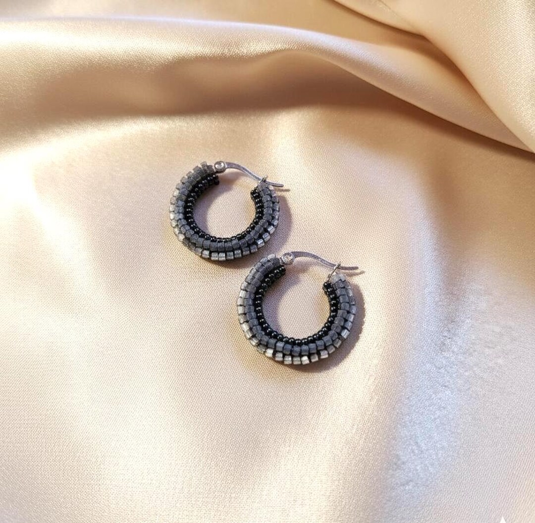 ILLUNEA Dark Gray Silk Satin Hoop Earrings • Elegant Graphite Beaded ...