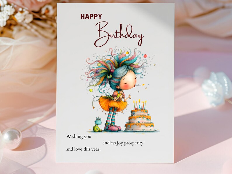 Digital Birthday card, Funny whimsical girl illustration birthday cake ...