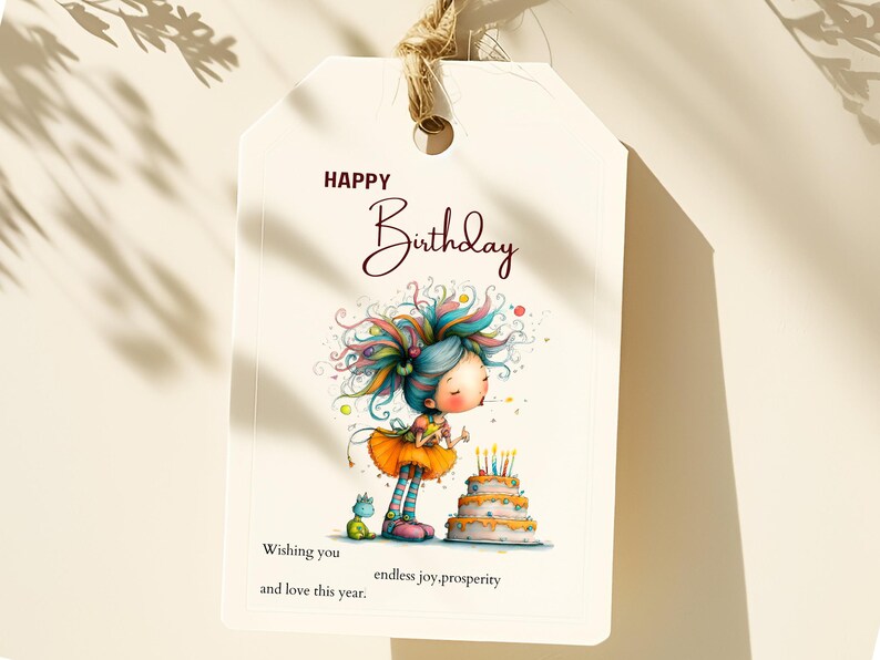 Digital Birthday card, Funny whimsical girl illustration birthday cake ...