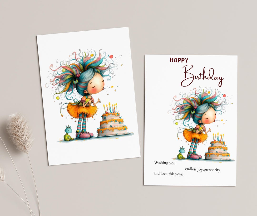 Digital Birthday card, Funny whimsical girl illustration birthday cake ...