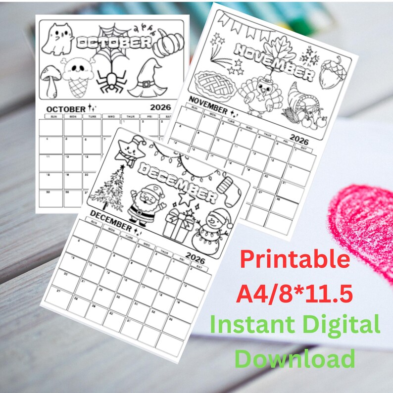 2026 Kids Coloring Calendar Printable | Cute Monthly Coloring Pages for ...