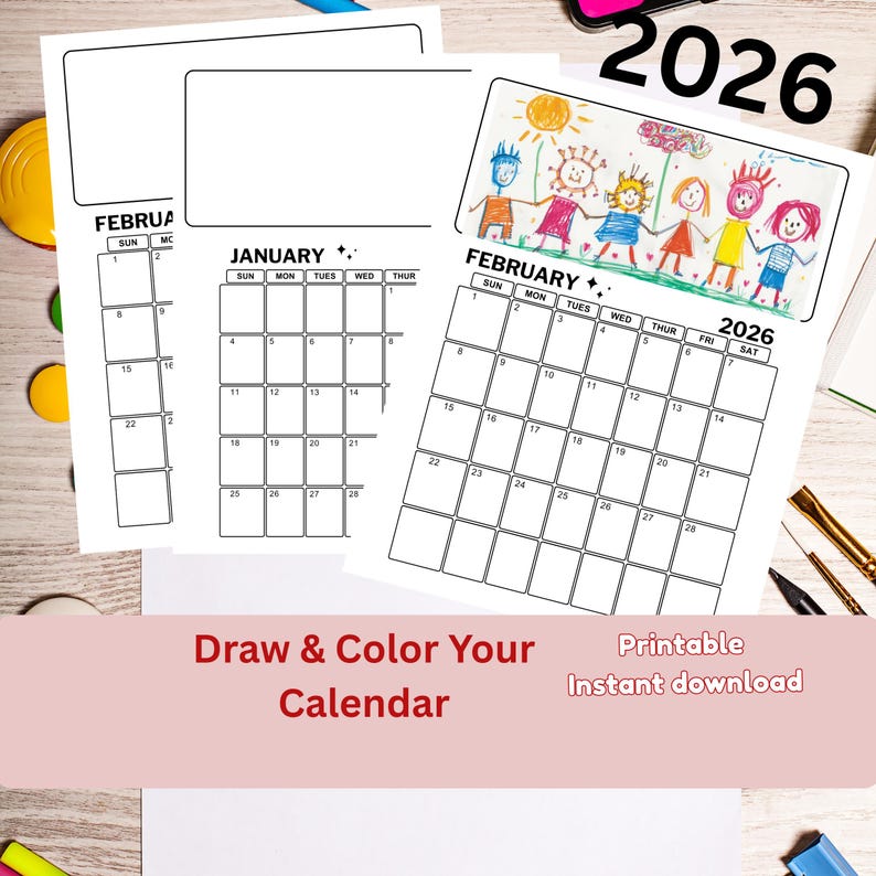 2026 Coloring Calendar Printable, DIY Monthly Drawing Art Planner ...