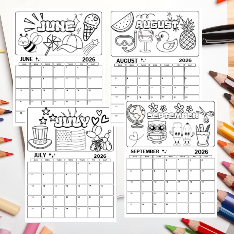 2026 Kids Coloring Calendar Printable | Cute Monthly Coloring Pages for ...