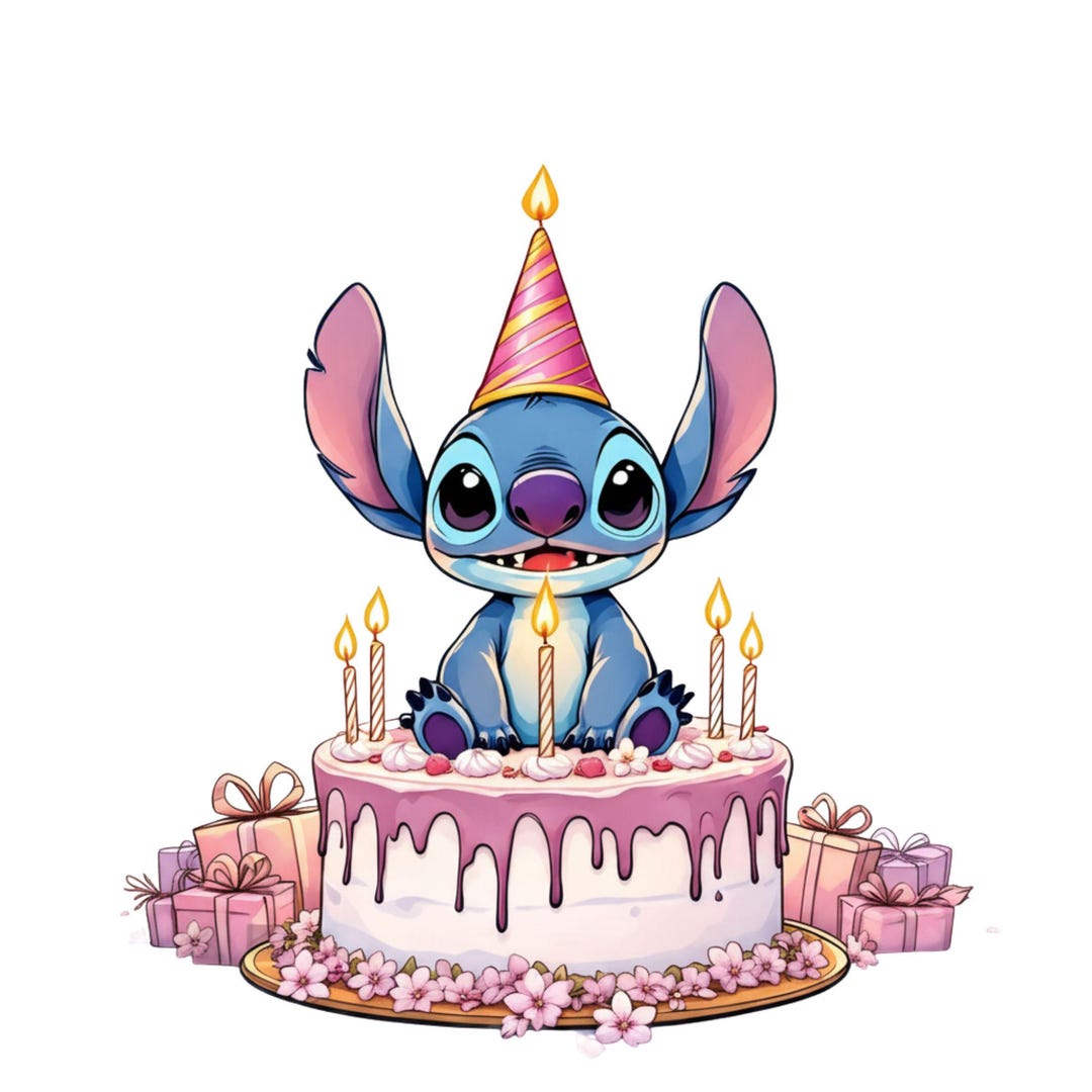 Stitch Birthday Cake Illustration – Party Hat & Candles PNG 4000 by ...