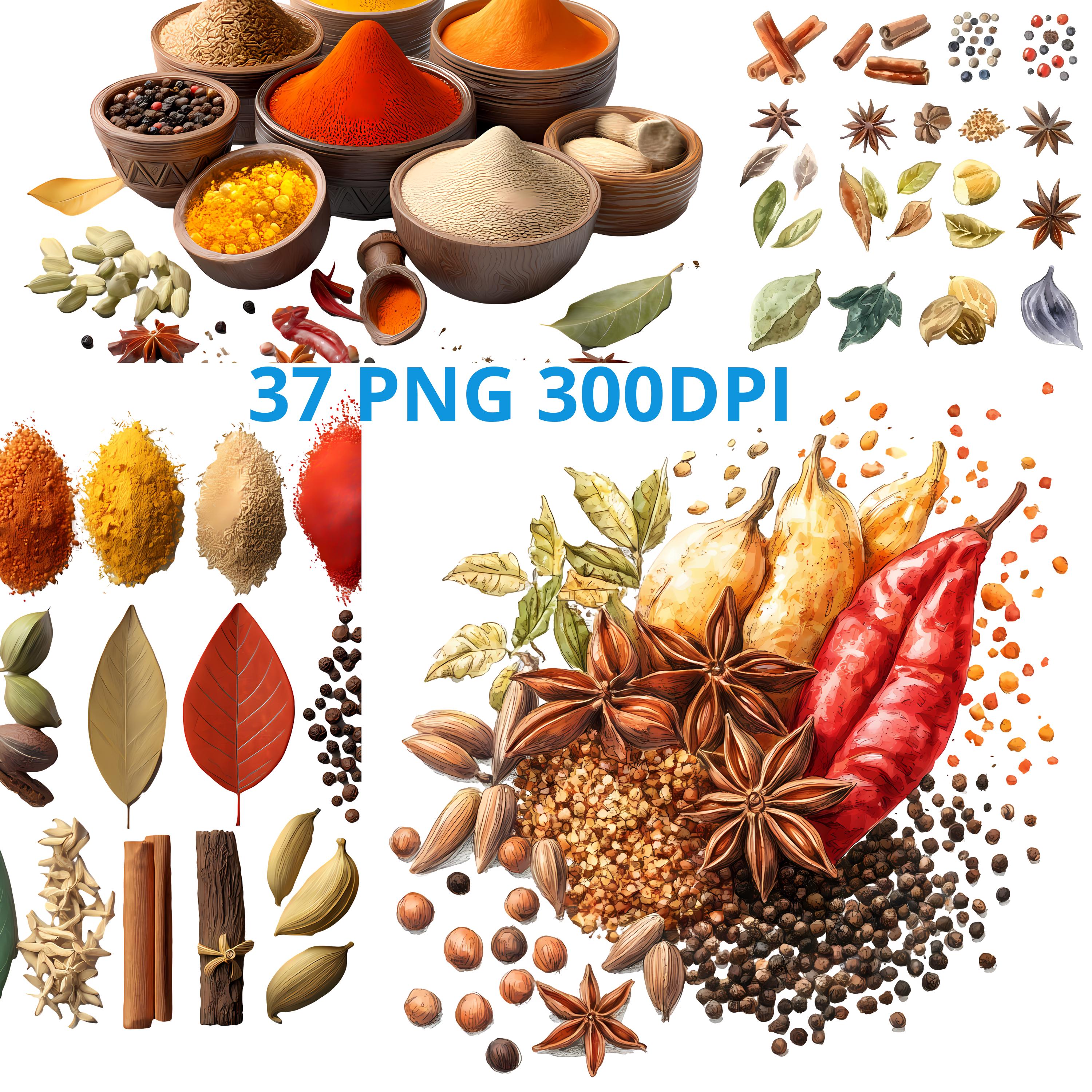 Spices and Herbs Png Bundle, Colorful Spice Powders and Leaves ...