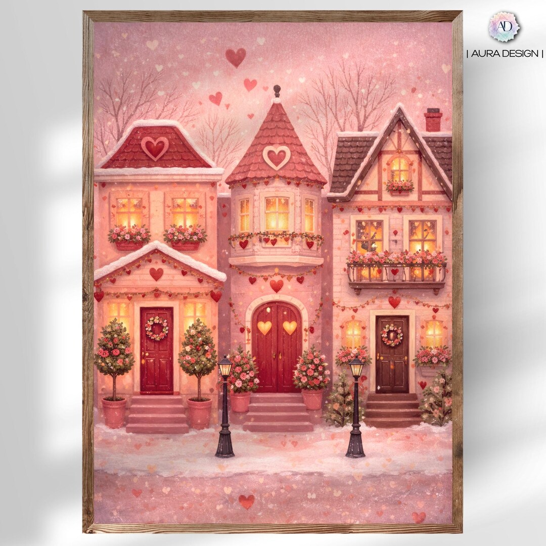 Valentine's Day Village Print, Pink Victorian Houses (digital Download ...
