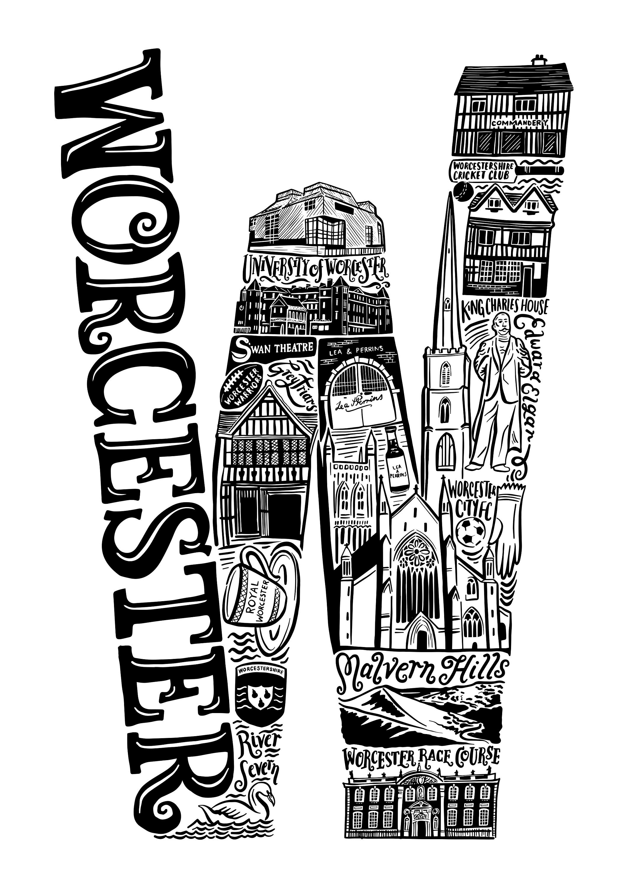 Worcester Print - Worcester Poster - Worcester Art - Graduation Gift UK ...