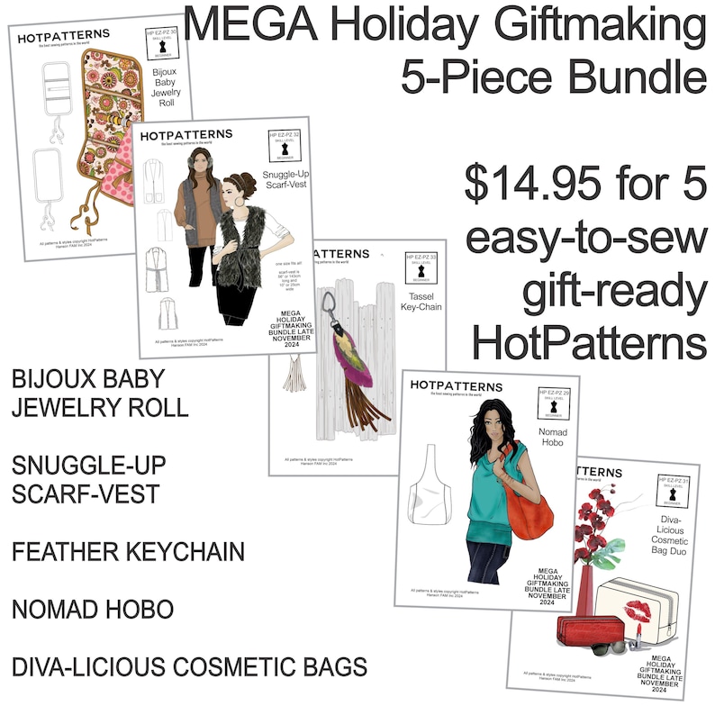 Easy-to-sew MEGA Holiday Giftmaking 5-piece Pattern Bundle. DIY Gift. Jewelry Roll. Scarf Vest ...