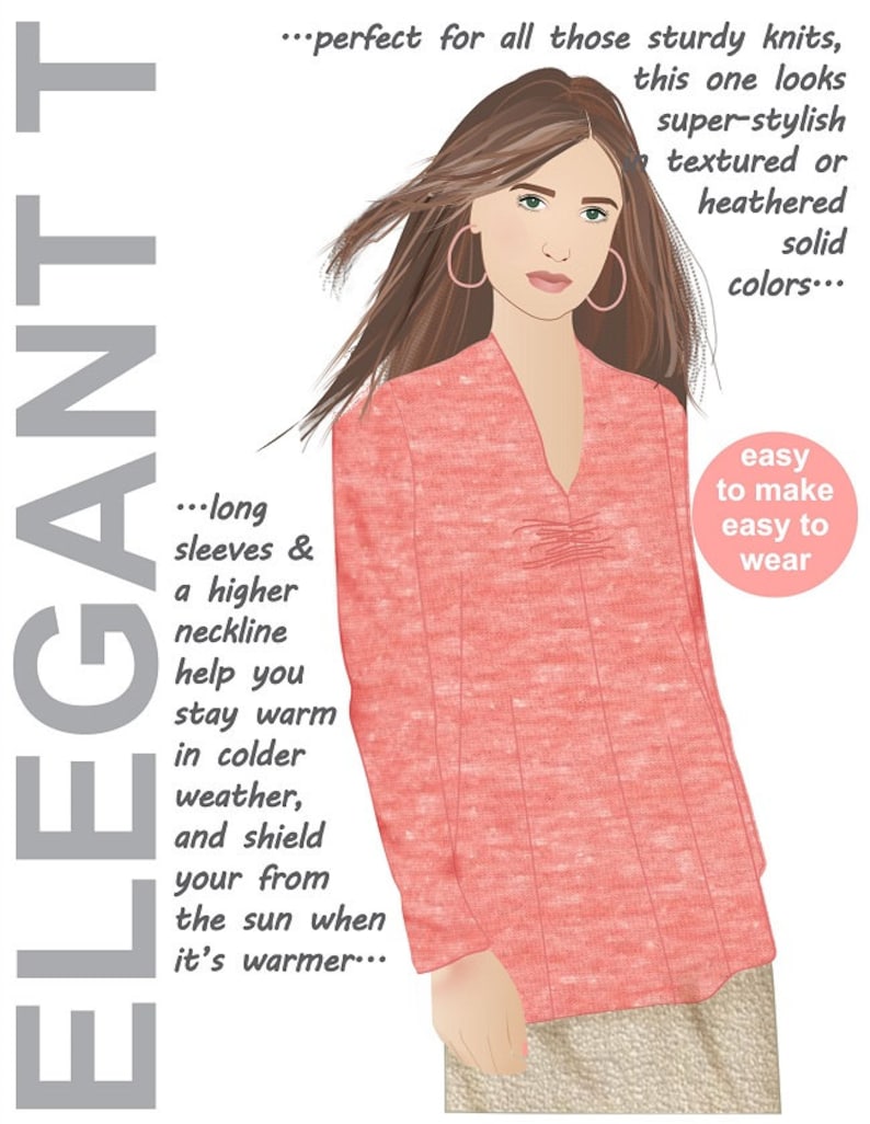 EASY T-shirt Sewing Pattern. Long Sleeve T. High Neck T. V-neck T ...