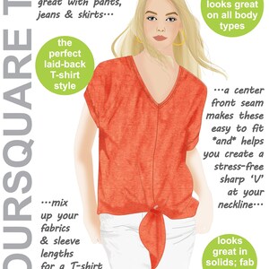 EASY T-shirt Sewing Pattern. Foursquare T's. Tie Front T. V-neck T ...