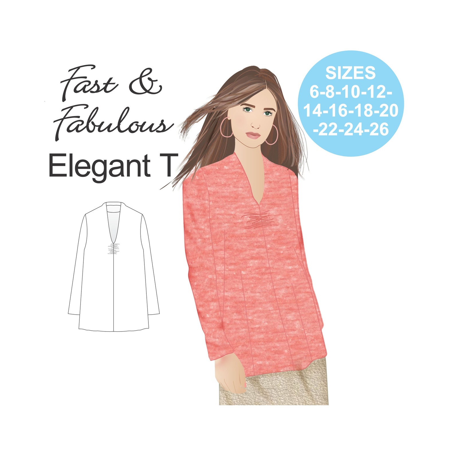 EASY T-shirt Sewing Pattern. Long Sleeve T. High Neck T. V-neck T ...