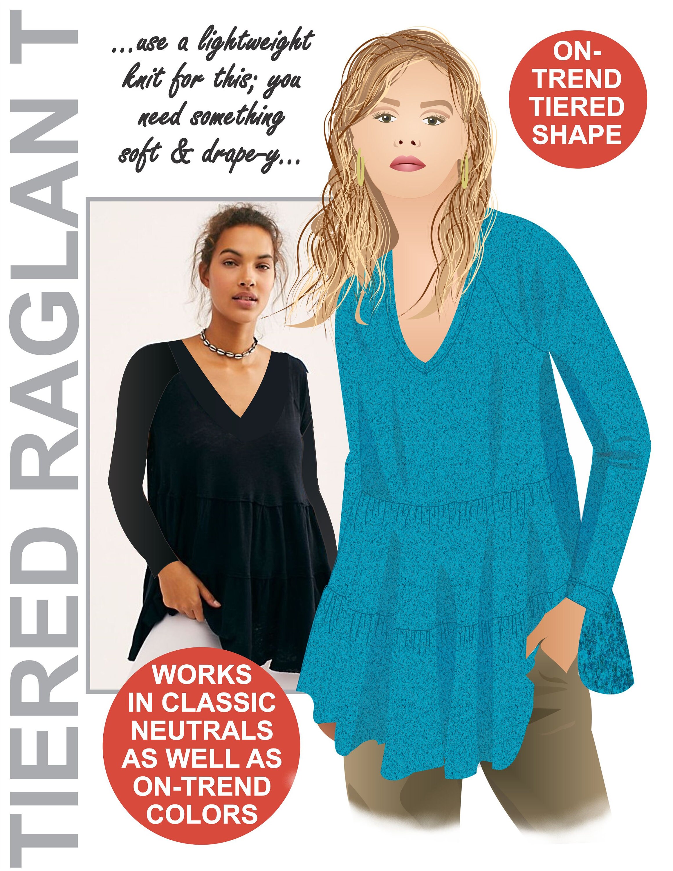 Tiered Raglan T-shirt Sewing Pattern: V-neck, Plus Size (digital ...