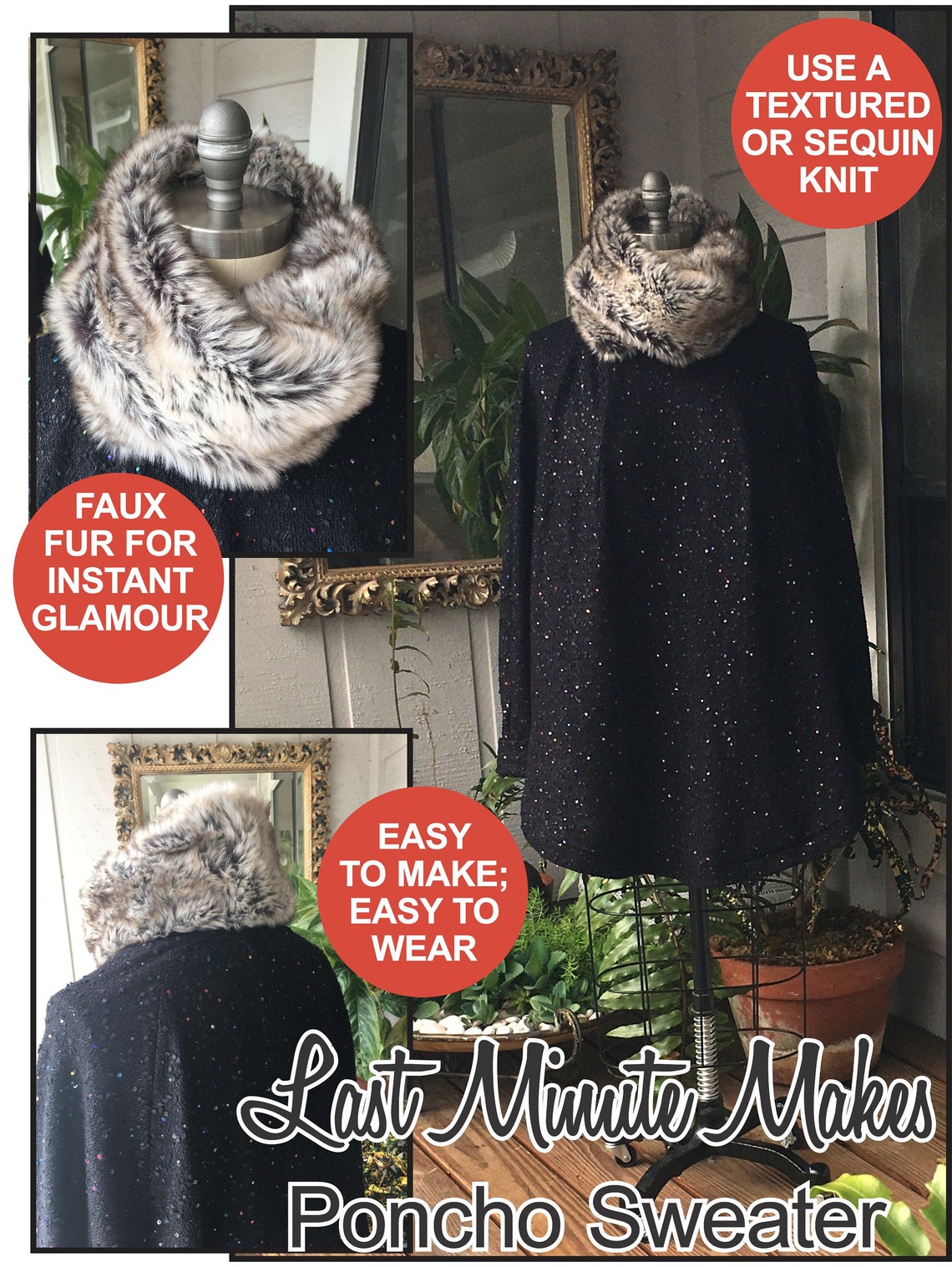 Boho Poncho Sweater Sewing Pattern: Fur Collar, Easy Beginner (PDF ...