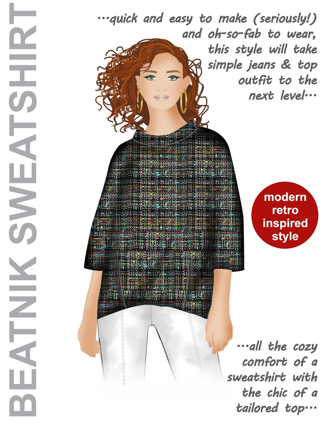 Retro Beatnik Sweatshirt Sewing Pattern: Dolman Sleeve Cocoon Top (PDF ...