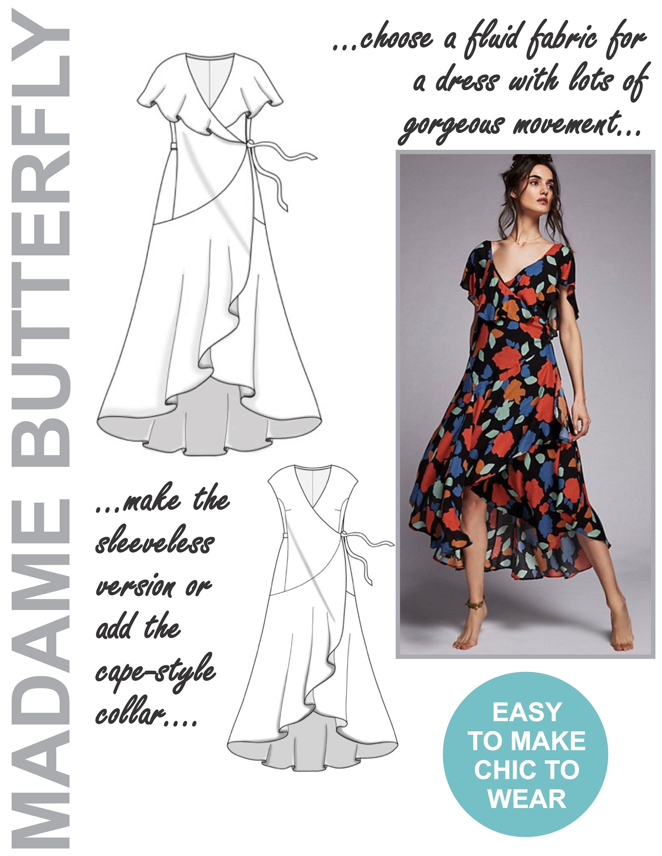 EASY WRAP DRESS Sewing Pattern. Madame Butterfly Dress. Sleeveless ...